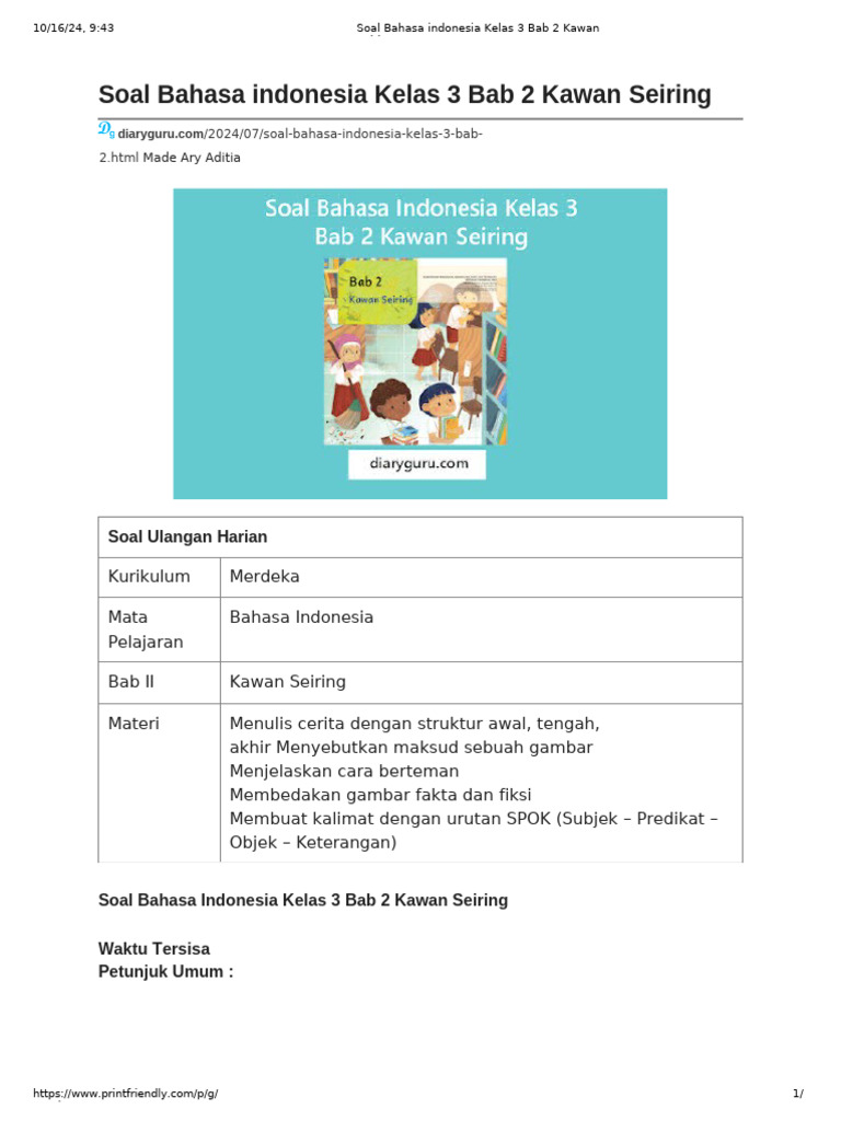 Soal Bahasa Indonesia Kelas 3 Bab 2 Kawan Seiring | PDF