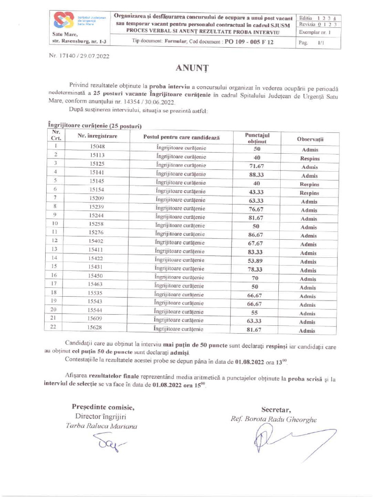Anunt Rezultate Interviu Concurs Ingrijitoare Curatenie Iulie 2022 | PDF