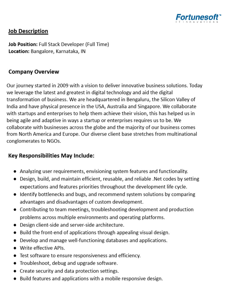 Job Description Fortunesoft | PDF | Software | Databases