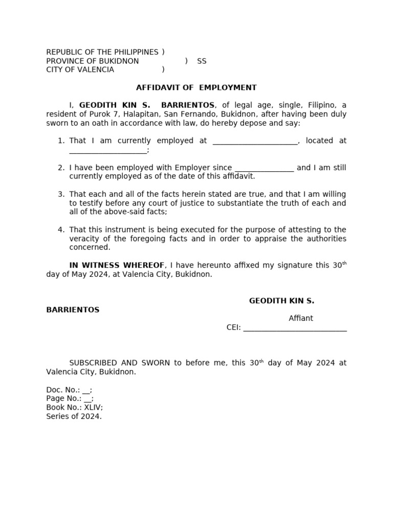 AFFIDAVIT OF EMPLOYMENT | PDF