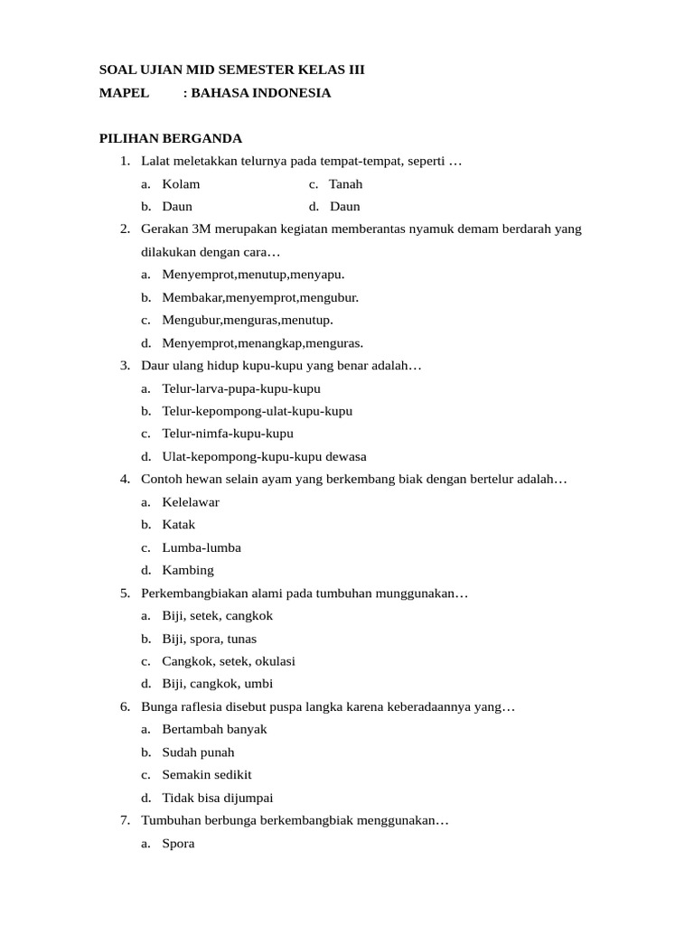 Soal Ujian Mid Semester Kelas Iii | PDF