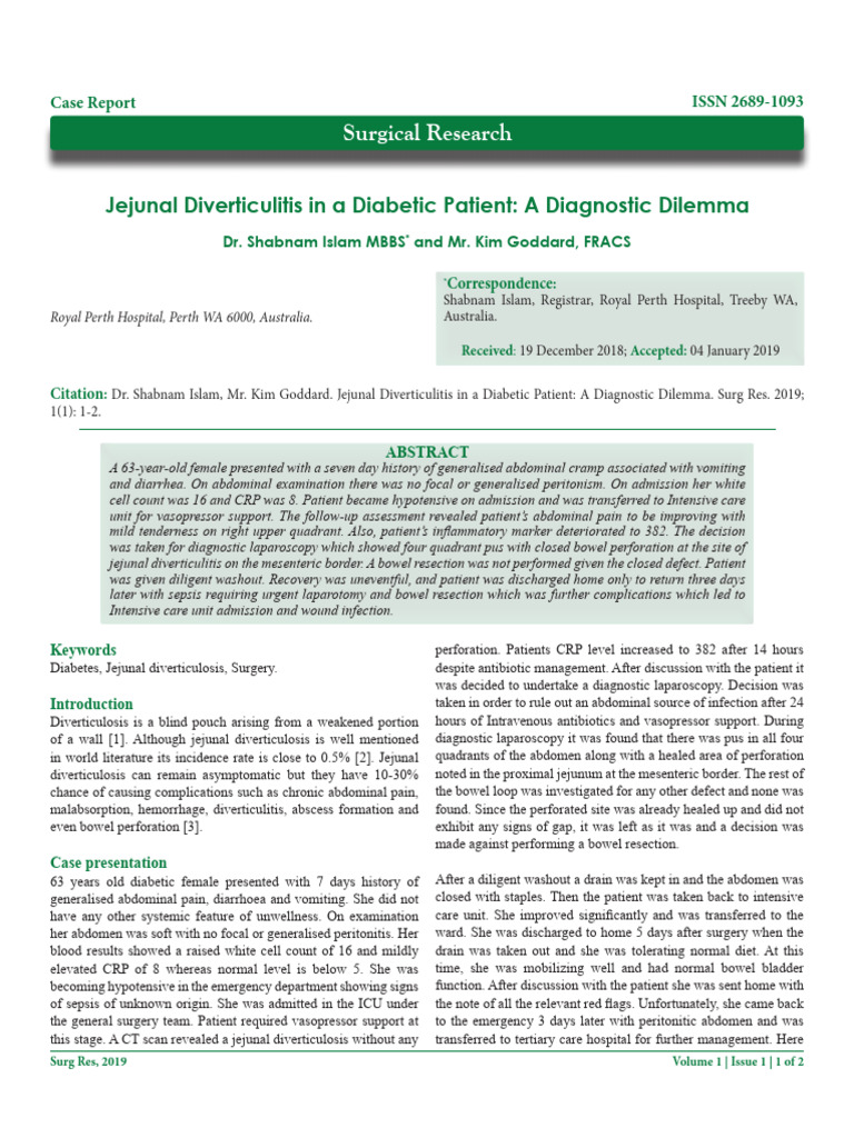 Jejunal Diverticulitis in A Diabetic Patient: A Diagnostic Dilemma ...
