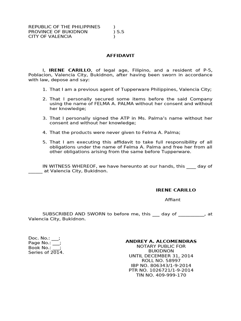 Affidavit of Responsibility for Tupperware | PDF