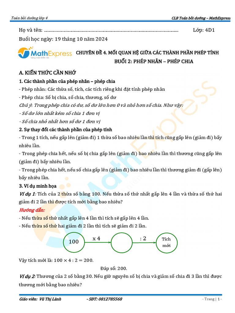 BC 4D1 19.10.2024 NDBH MQH thành phần phép nhân,chia | PDF