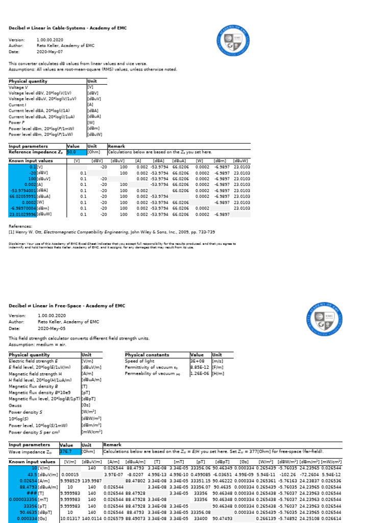EMC Conversion & Calculation Guide | PDF | Decibel | Antenna (Radio)