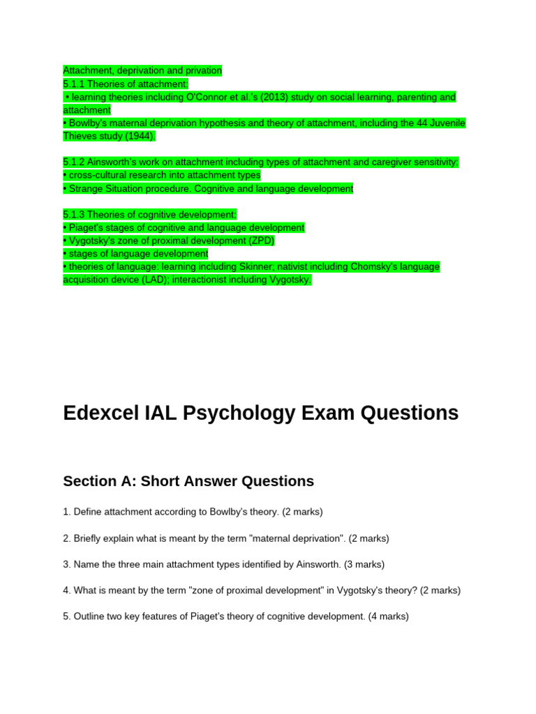 Exam Questions | PDF | Attachment Theory | Cognitive Development Exam Questions | PDF | Attachment Theory | Cognitive Development