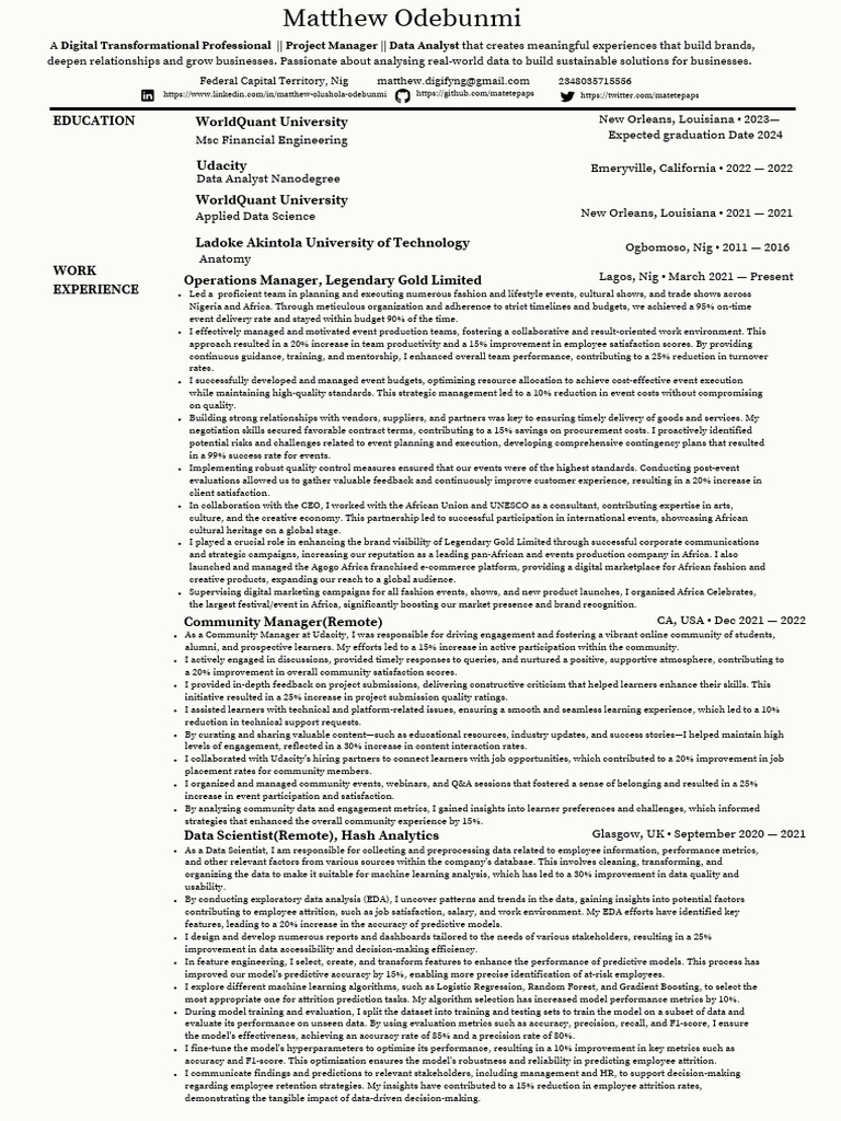 Odebunmi Matthew CV | PDF | Brand | Performance Indicator