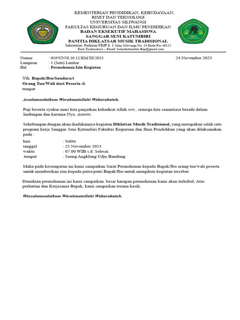 019 Surat Izin Kegiatan Diklat Peserta | PDF