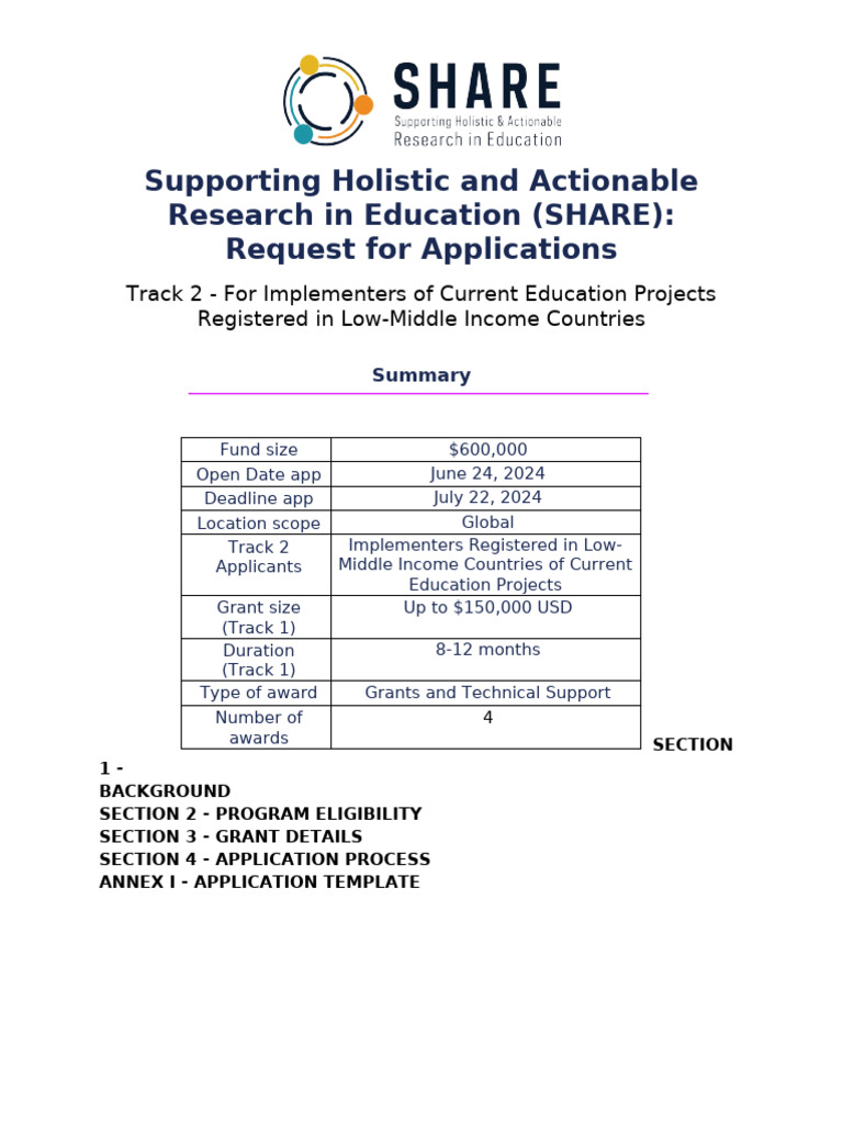 Share Small Grants Rfa Track 2 1 | PDF | Evaluation | Monitoring And ...