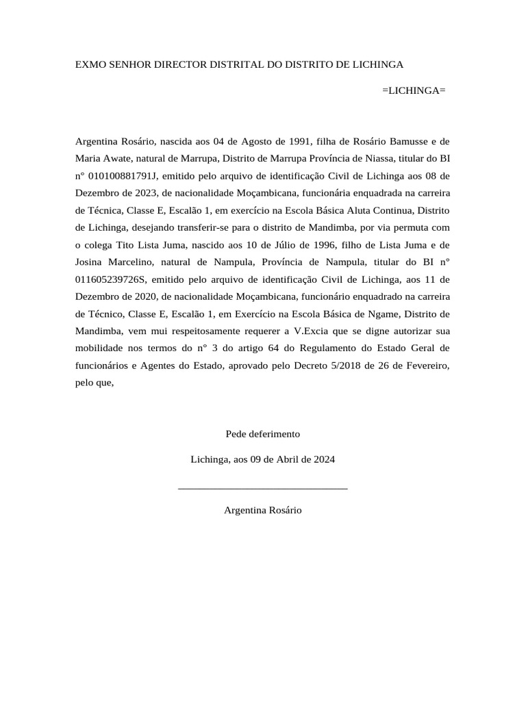 Exmo Senhor Director Distrital Do Distrito de Lichinga | PDF