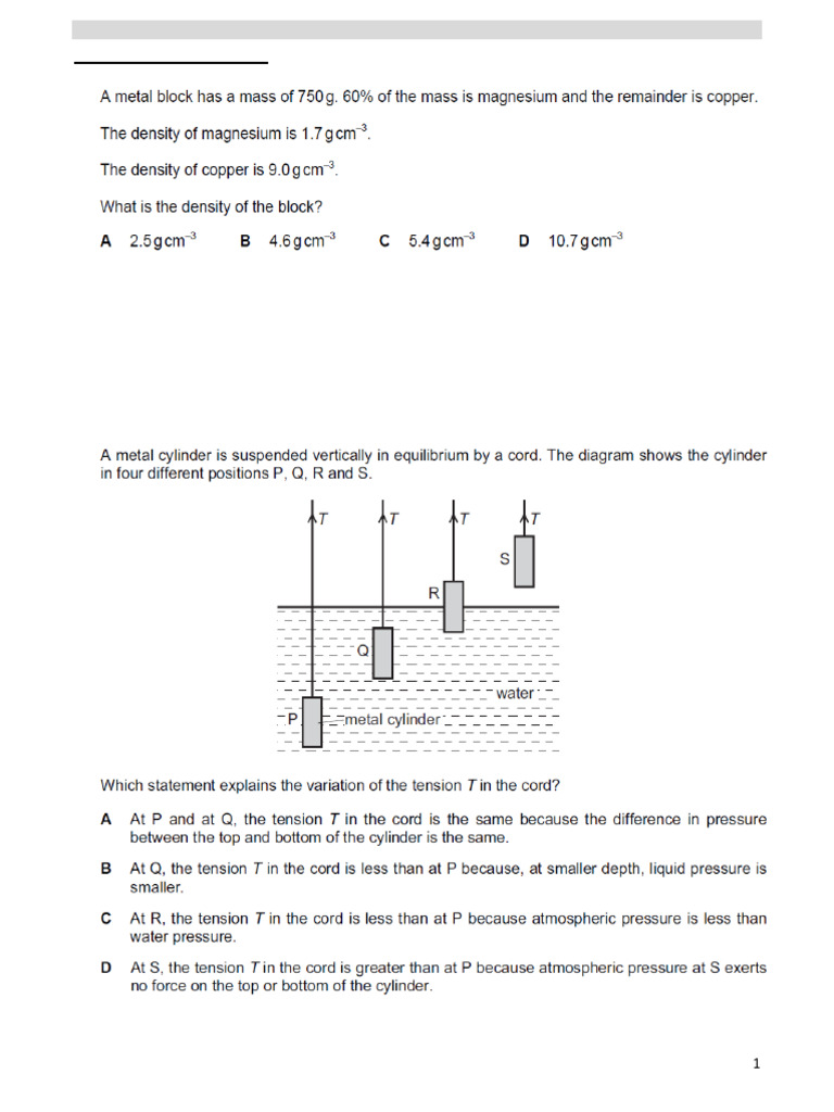 Density and Pressure Exam Papers 2017 | PDF