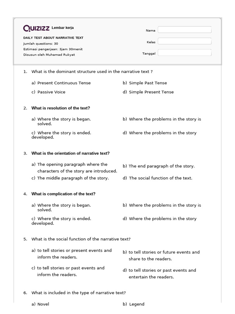Narrative Text Daily Test Worksheet | PDF