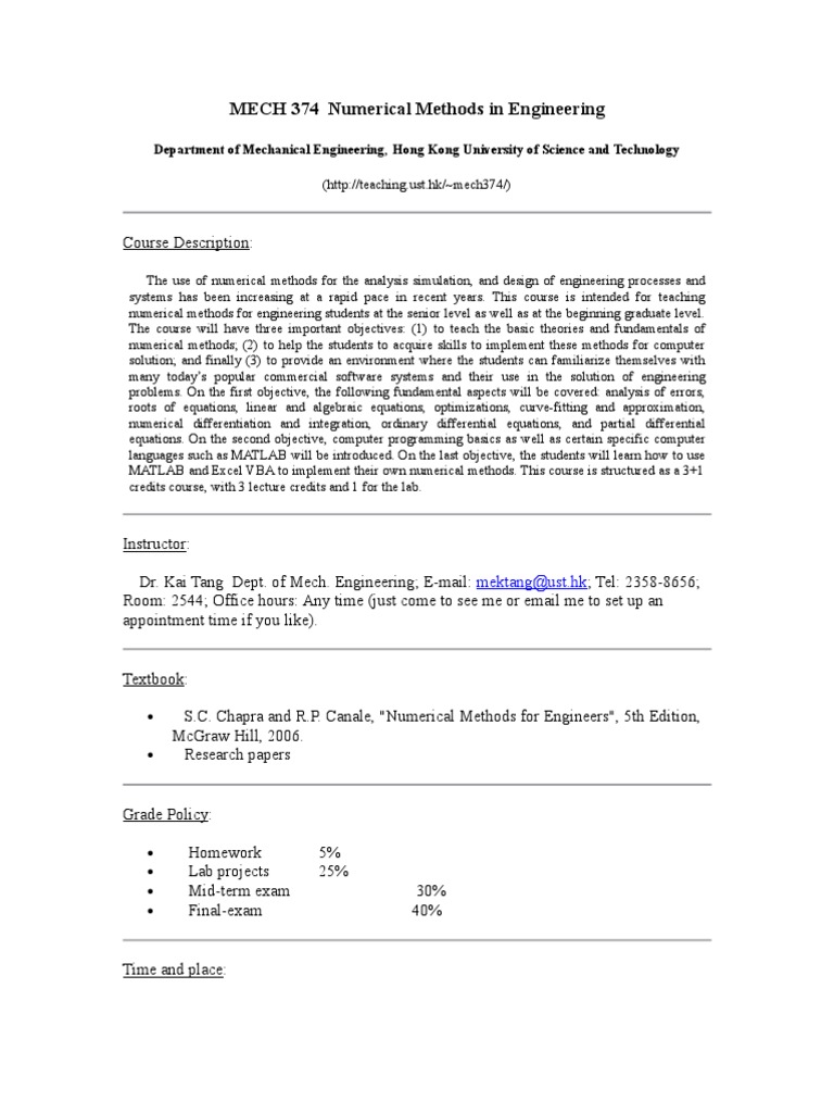 MECH 374 Numerical Methods in Engineering | PDF | Numerical Analysis ...