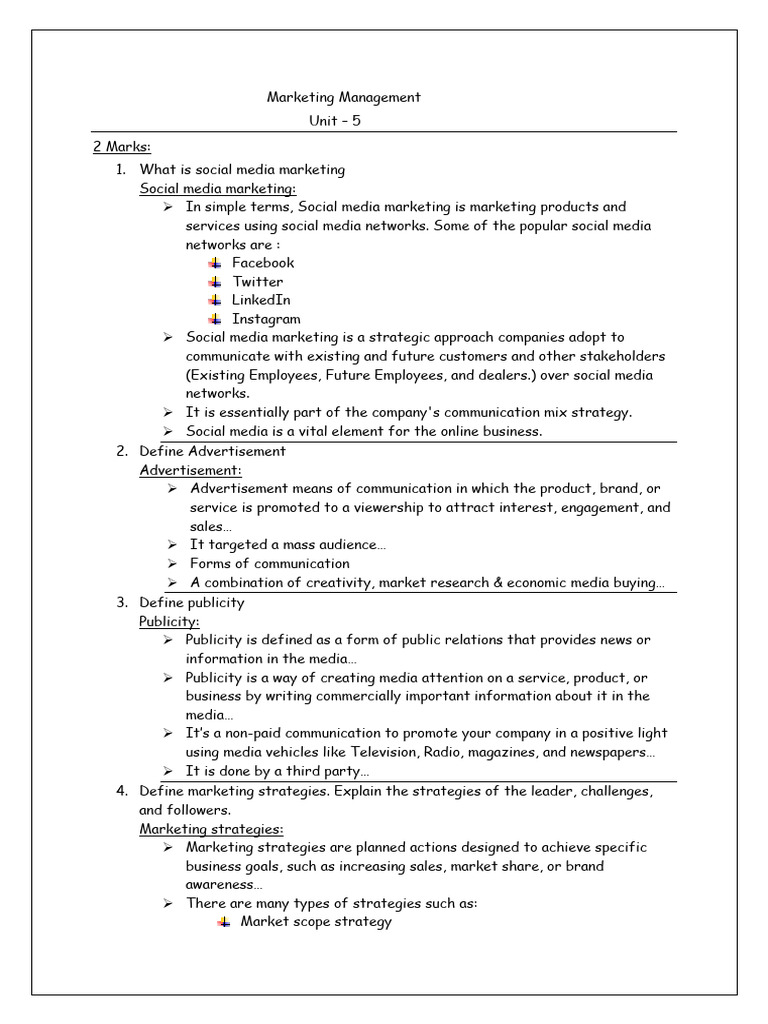 Marketing Management Unit 5 (2marks & 16marks) | PDF | Marketing ...