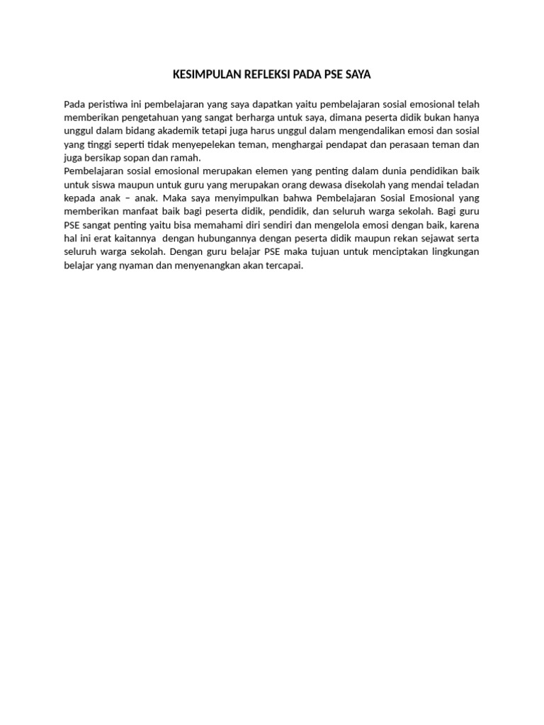 Kesimpulan Refleksi Pembelajaran PSE | PDF