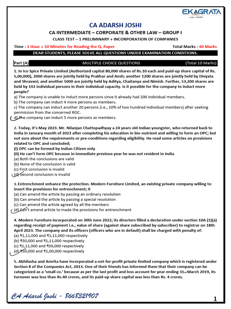 CLASS TEST 2 - Nov 24 - Answers | PDF | Dividend | Companies