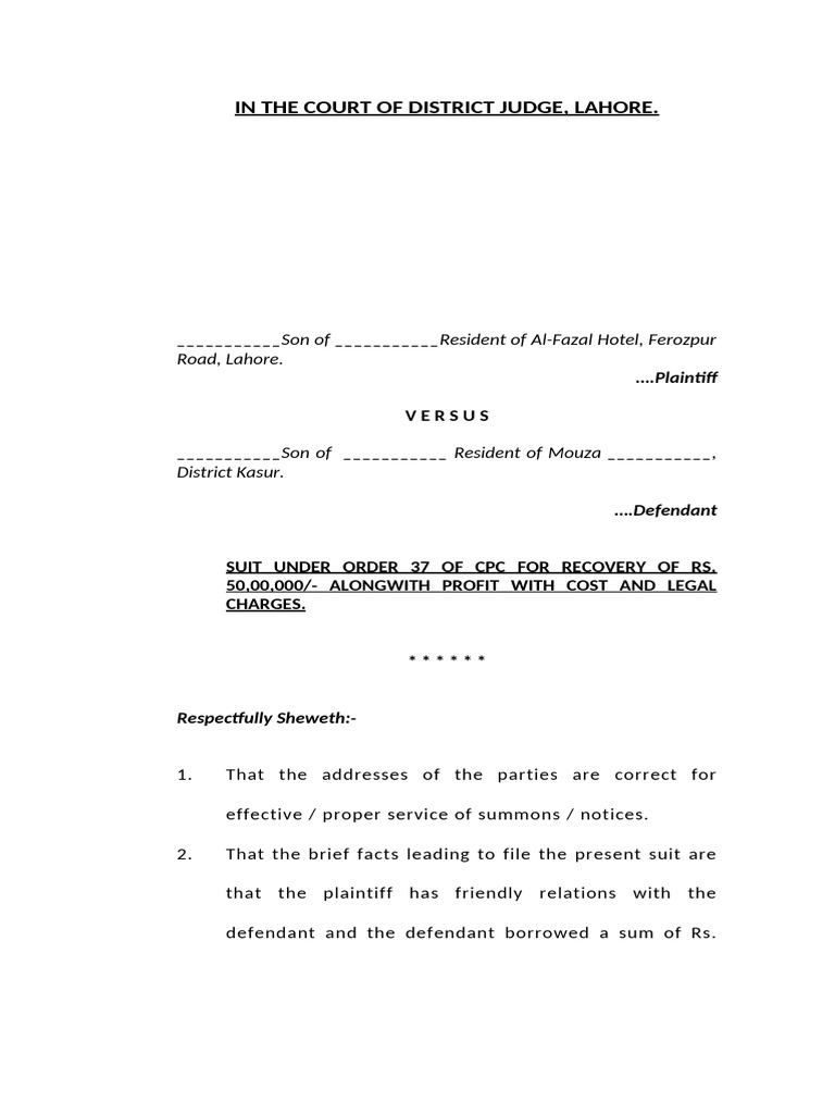 Suit Under Order 37 of CPC For Recovery | PDF | Lawsuit | Cause Of Action