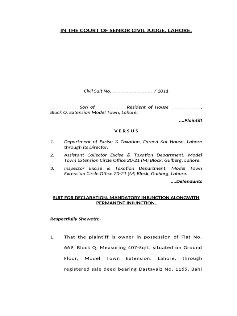 Suit For Declaration, Mandatory Injunction Along With Permanent Injunction From Property Tax ...