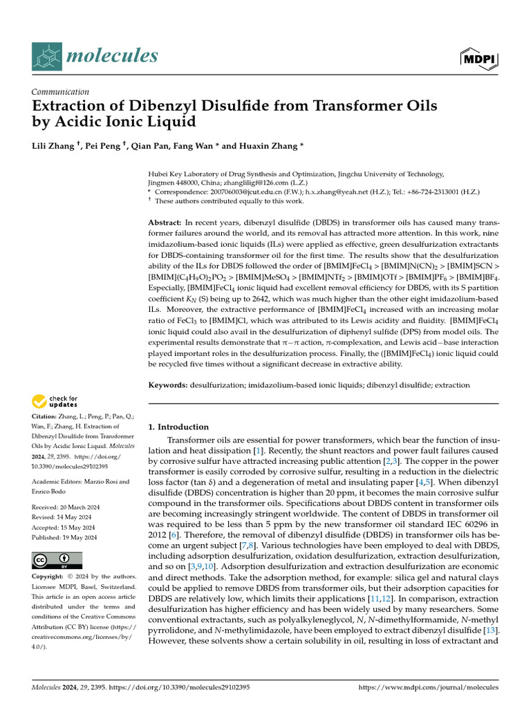 Extraction of Dibenzyl Disulfide From Transformer Oils by Acidic Ionic ...