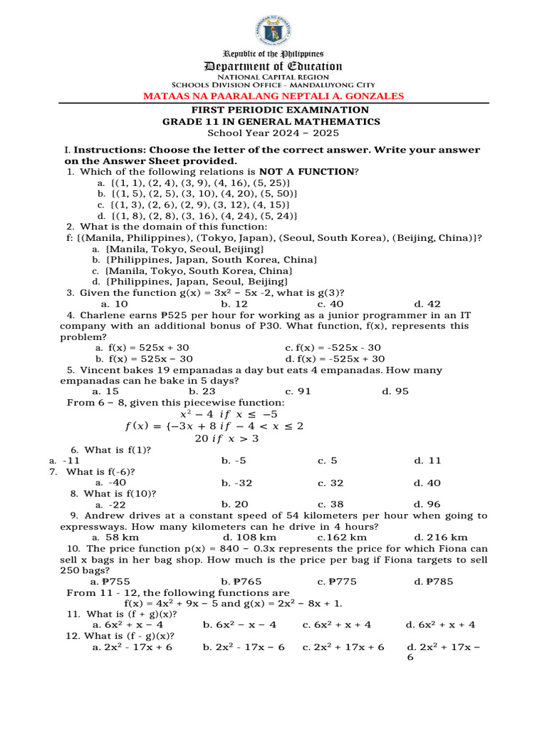 1st Grading Genmath Examination Sy 2024 2025 | PDF | Asymptote | Function (Mathematics)