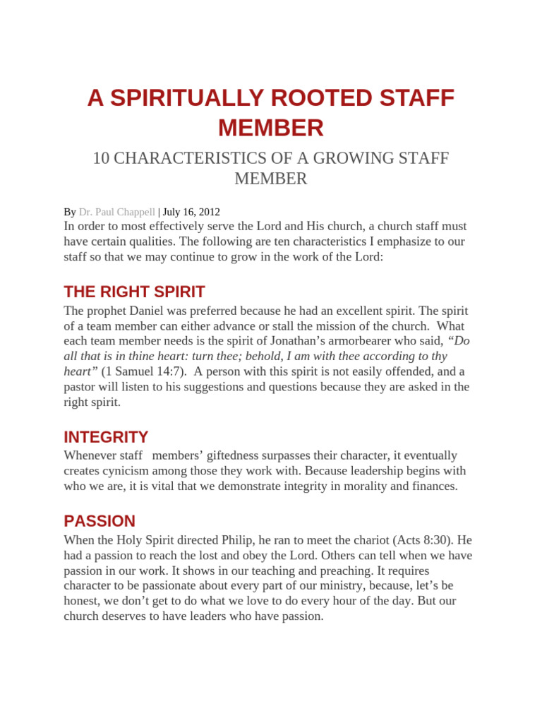 A Spiritually Rooted Staff Member | PDF | Jesus | Pastor