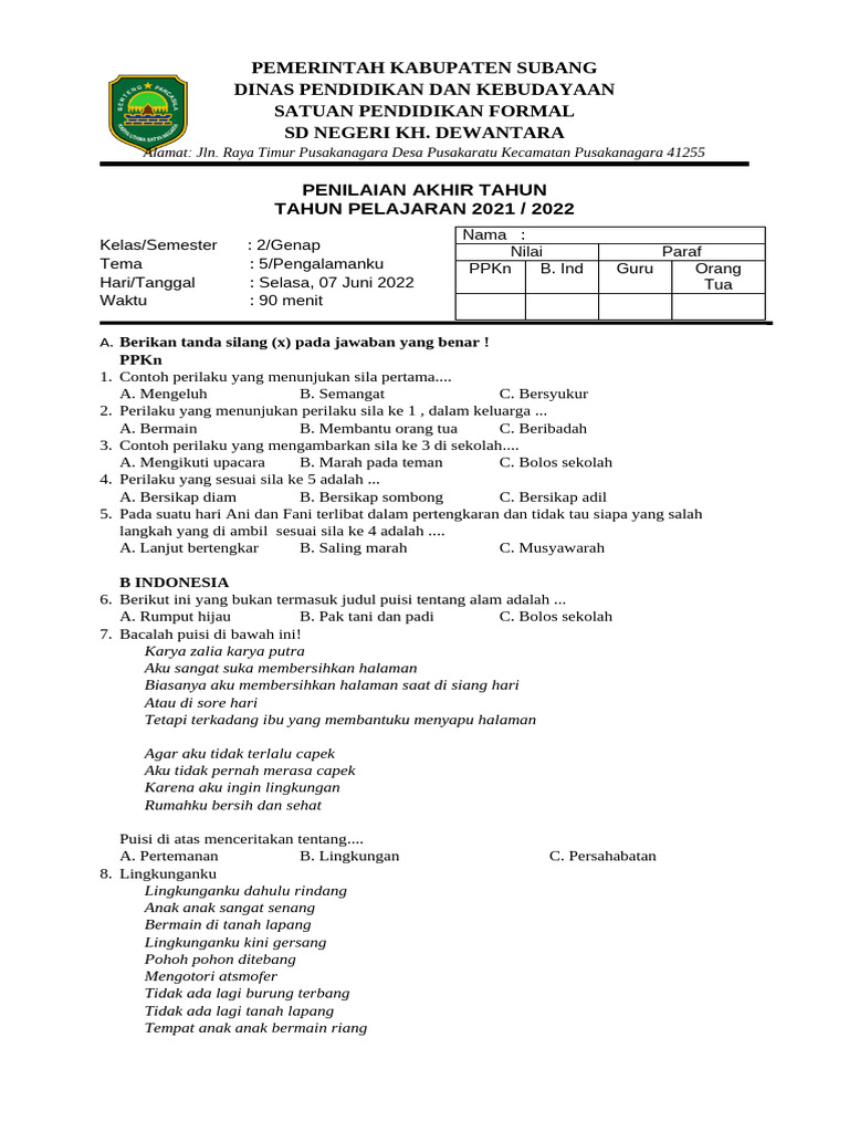 Soal Pat Kelas 2 Tema 5-1 | PDF