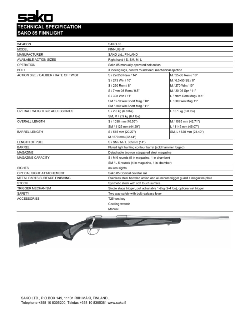 Sako 85 Finnlight Specifications | PDF | Magazine (Firearms) | Trigger ...