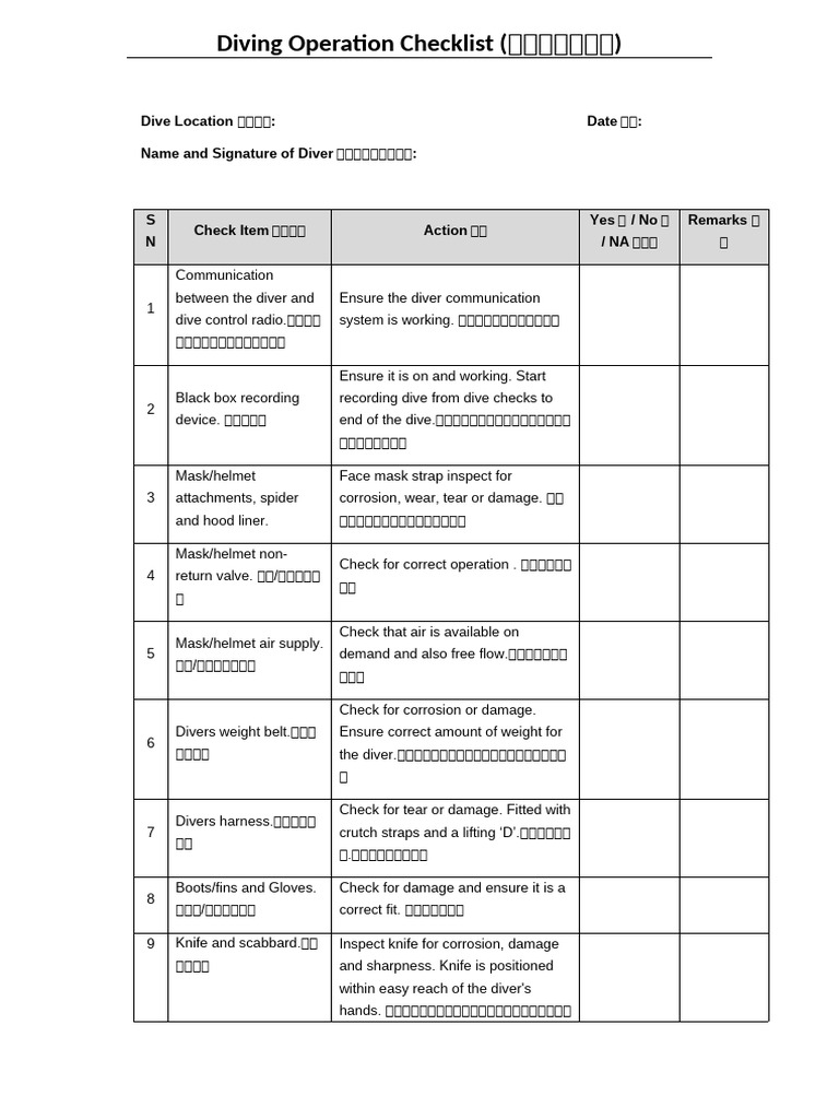 Diving Operation Checklist | PDF | Underwater Diving | Diving Equipment