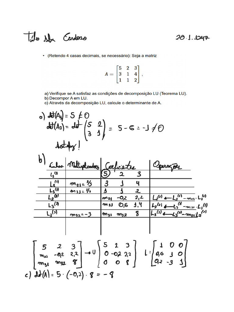 Tarefa - Decomposição LU (Fatoração LU Da Matriz A) | PDF