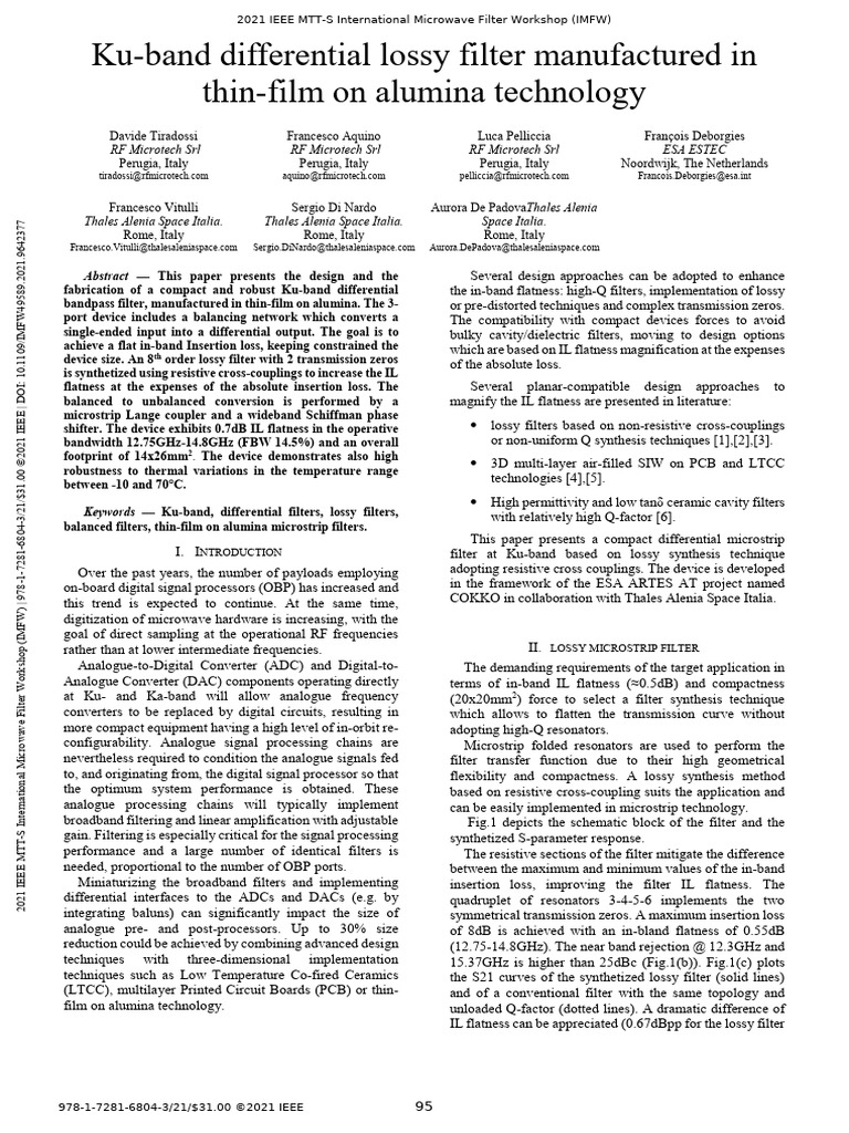Ku-band differential lossy filter manufactured in thin-film on alumina ...