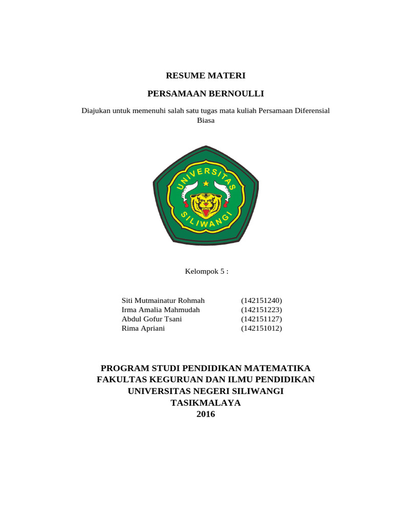 Resume Persamaan Bernoulli - VE - Siti Mutmainatur R, Irma Amalia M, Abdul Gofur Tsani, Rima ...