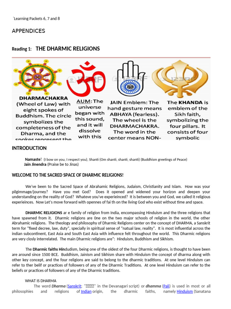 DHARMIC RELIGIONS Learning Packets 6,7,8 | PDF | Dharma | Spirituality