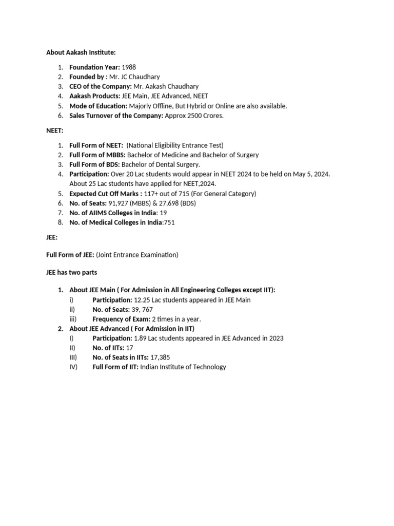 Aakash Institute: JEE & NEET Overview | PDF