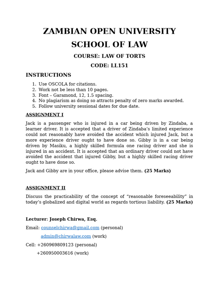 Law of Torts Assignments 2024 2 | PDF