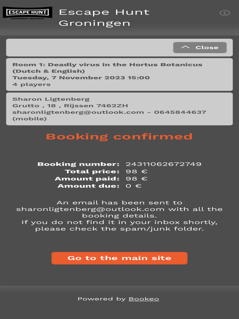 Escape Hunt Groningen Booking Confirmation | PDF