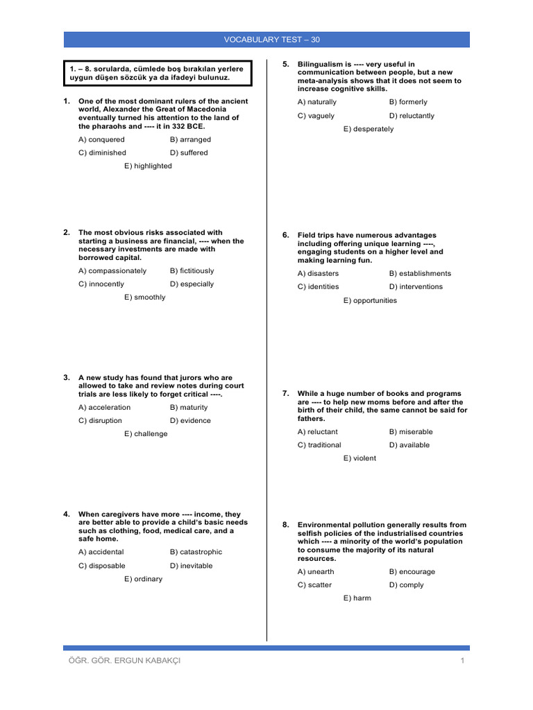 VOCABULARY TEST - 30 | PDF | Behavioural Sciences