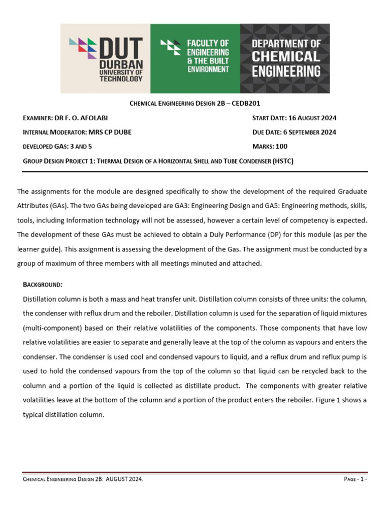 Cedb201 Condenser Design Assignment 2024 | PDF | Distillation ...