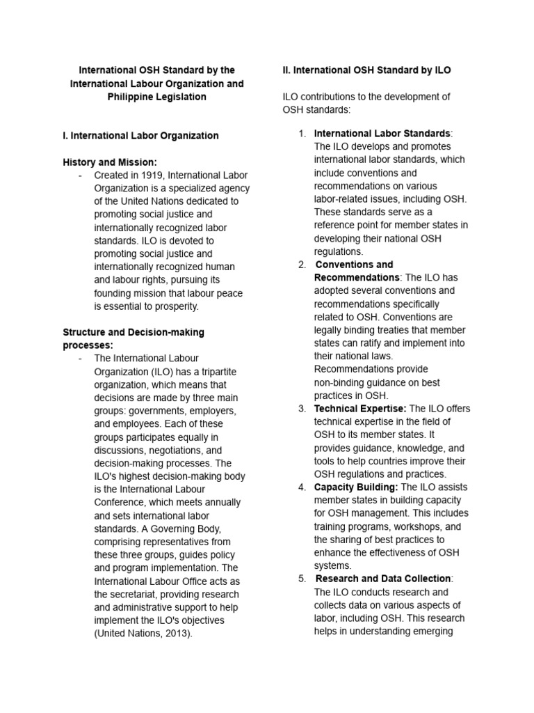International OSH Standard by The ILO and PH Legislation | PDF ...
