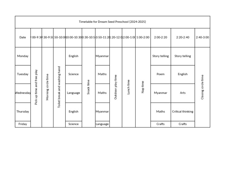 Timetable of Preschool 2024 | PDF