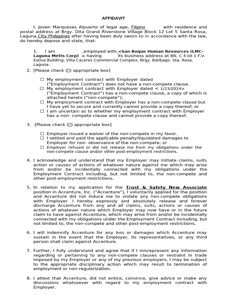 Affidavit of Non-Compete for Accenture | PDF | Trade Secret | Business