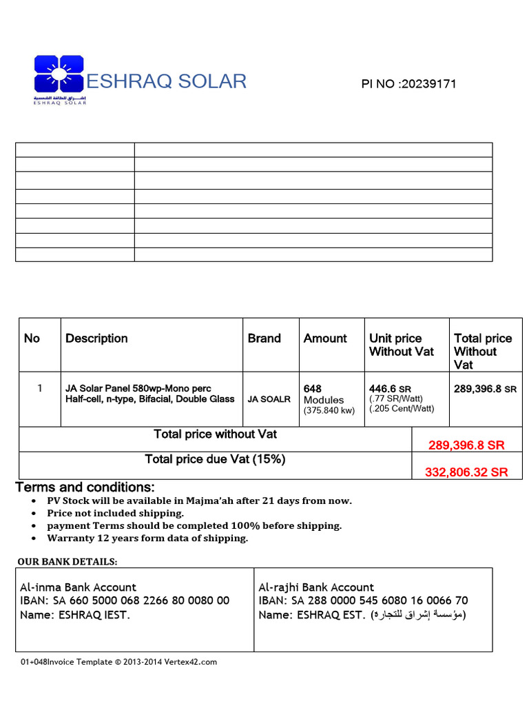 Eshraq Solar Proforma Invoice UBM | PDF