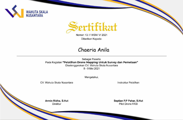 Sertifikat Pelatihan Drone Chaeria Anila | PDF