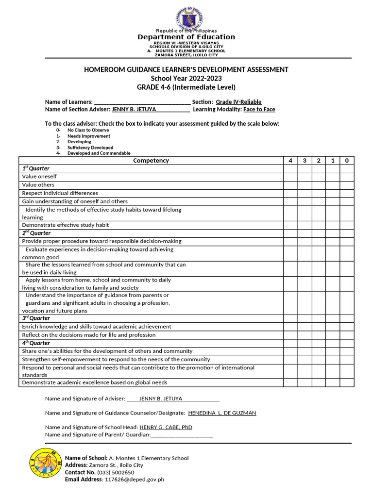 Homeroom Guidance Assessment-Grades 4-6 | PDF | Cognition | Behavior ...