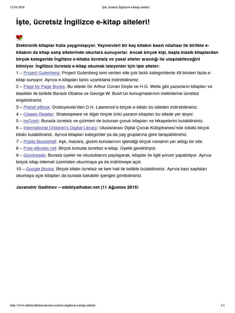 Ucretsiz Ingilizce e Kitap Siteleri | PDF