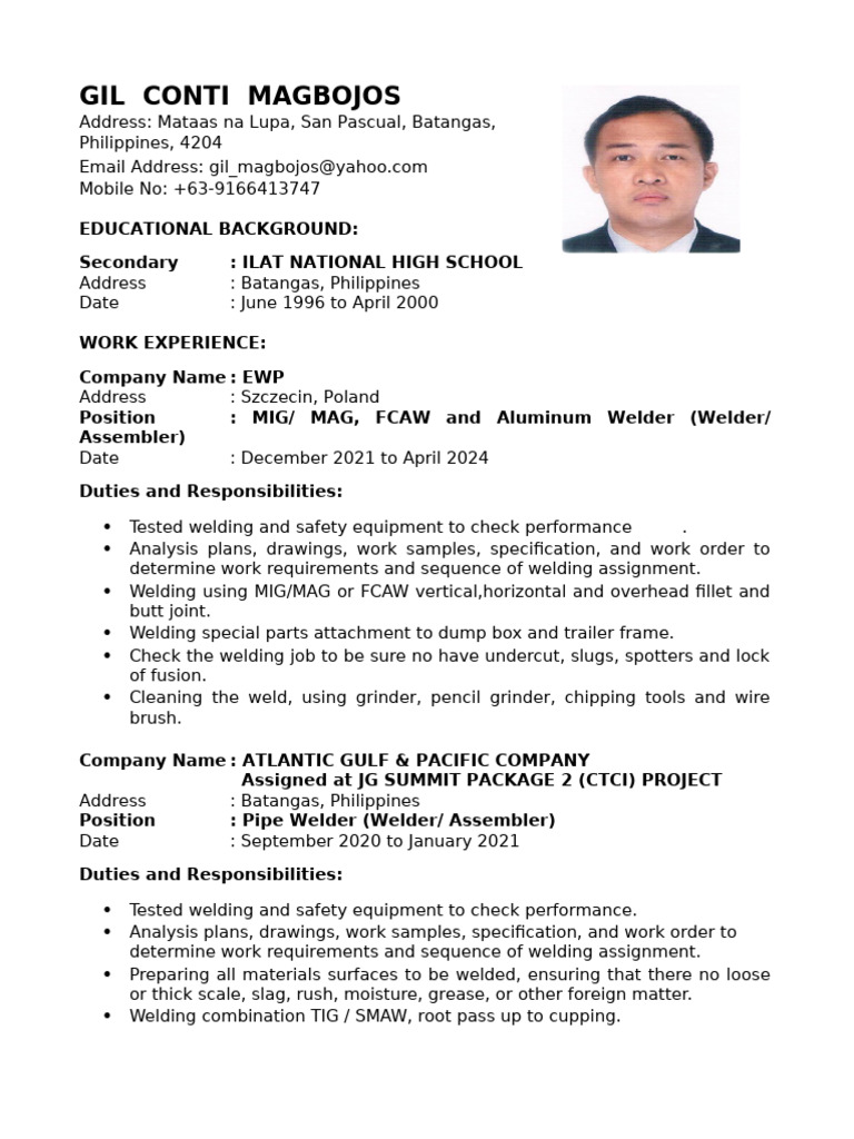 Magbojos, Gil - Updated Resume | PDF | Welding | Construction