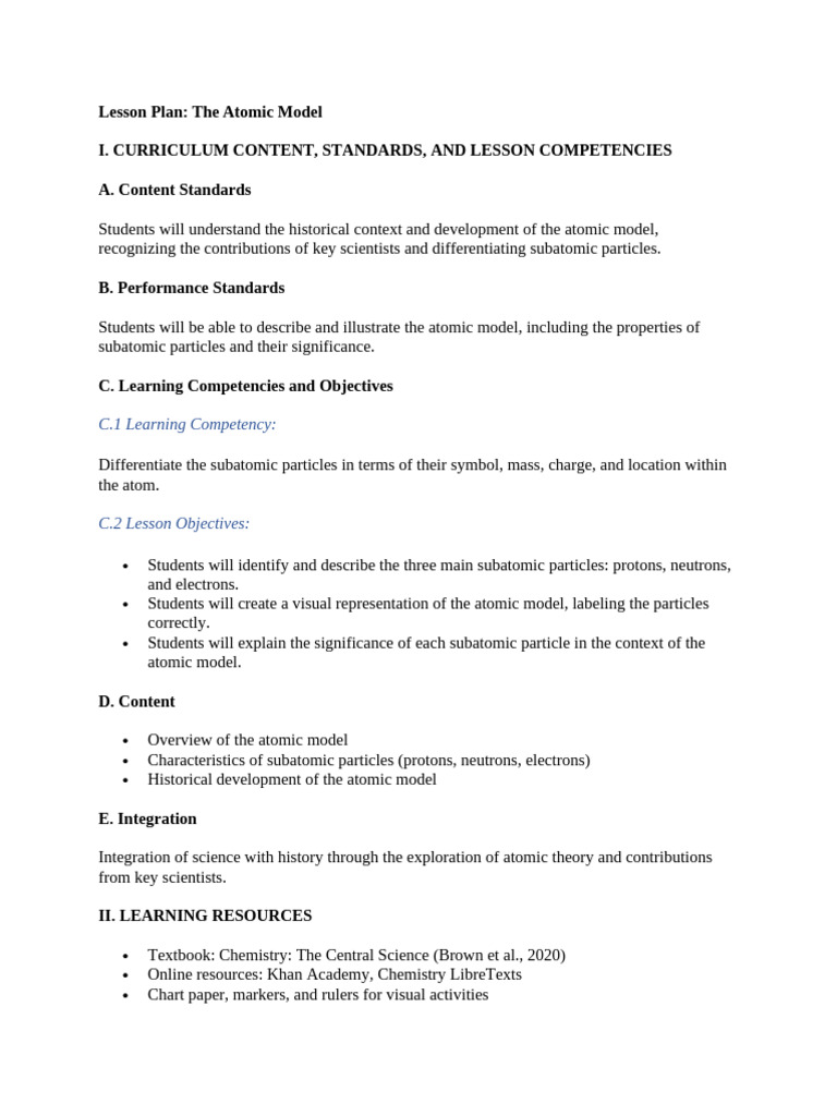 Atomic Model Lesson Plan Overview | PDF | Proton | Atoms