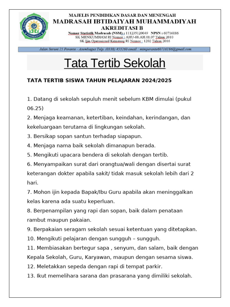 Tata Tertib Siswa MI 2024/2025 | PDF