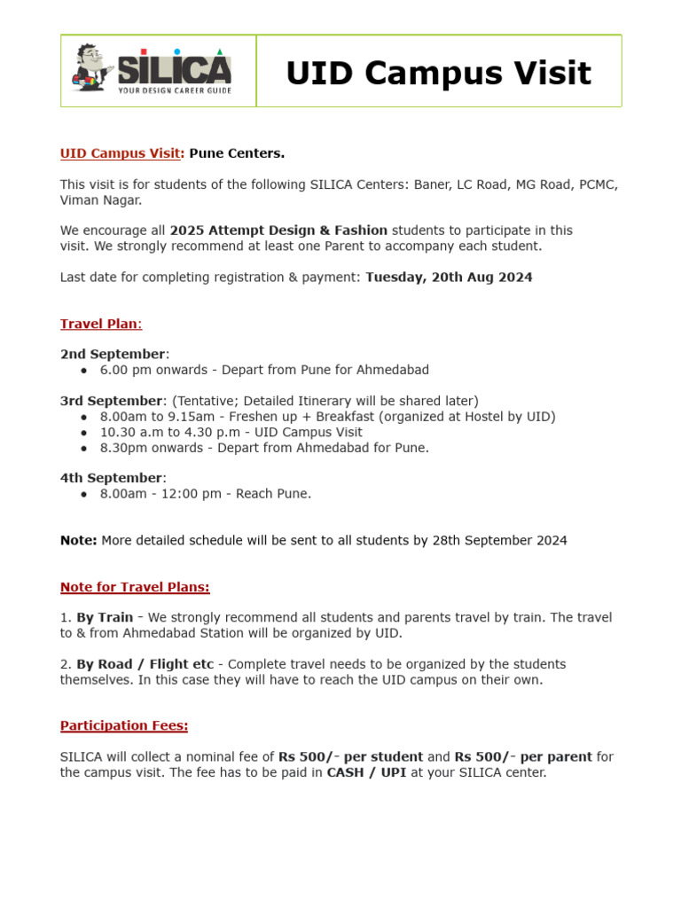 SILICA Pune Centers - UID Campus Visit - 2 - 4 Sep'24 | PDF