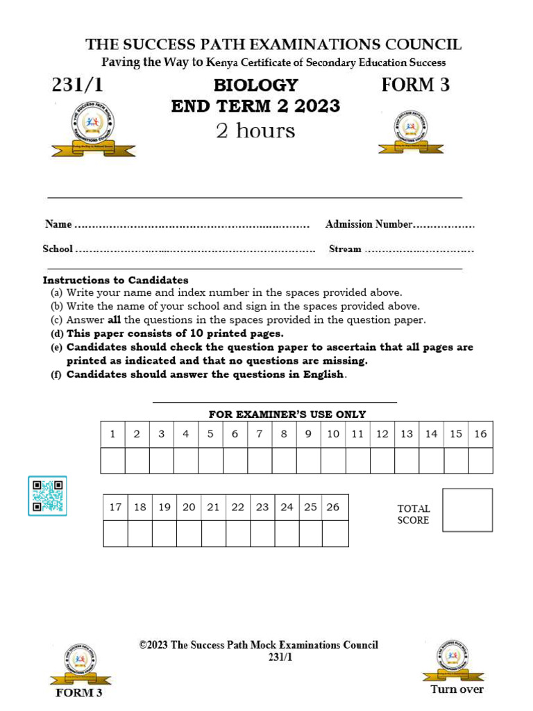 BIOLOGY PP1 FORM 3 END TERM 2, 2023 | PDF