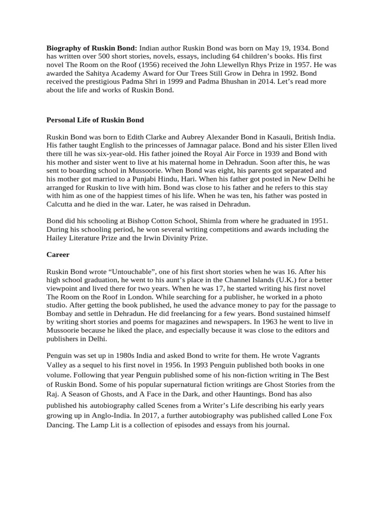 Ruskin Bond With Summary (1) | PDF